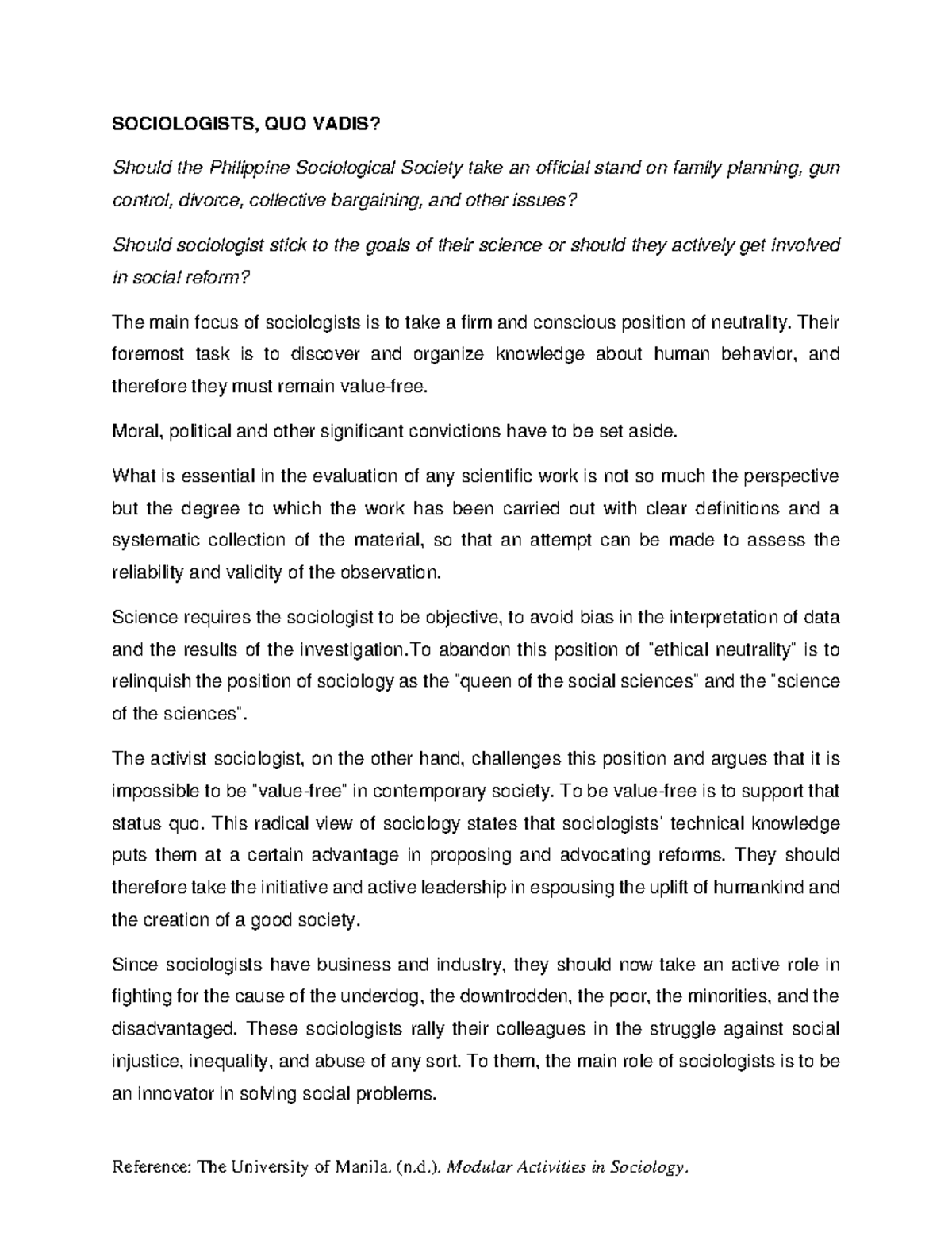 Sociology Sociologists Quo Vadis - Reference: The University of Manila ...