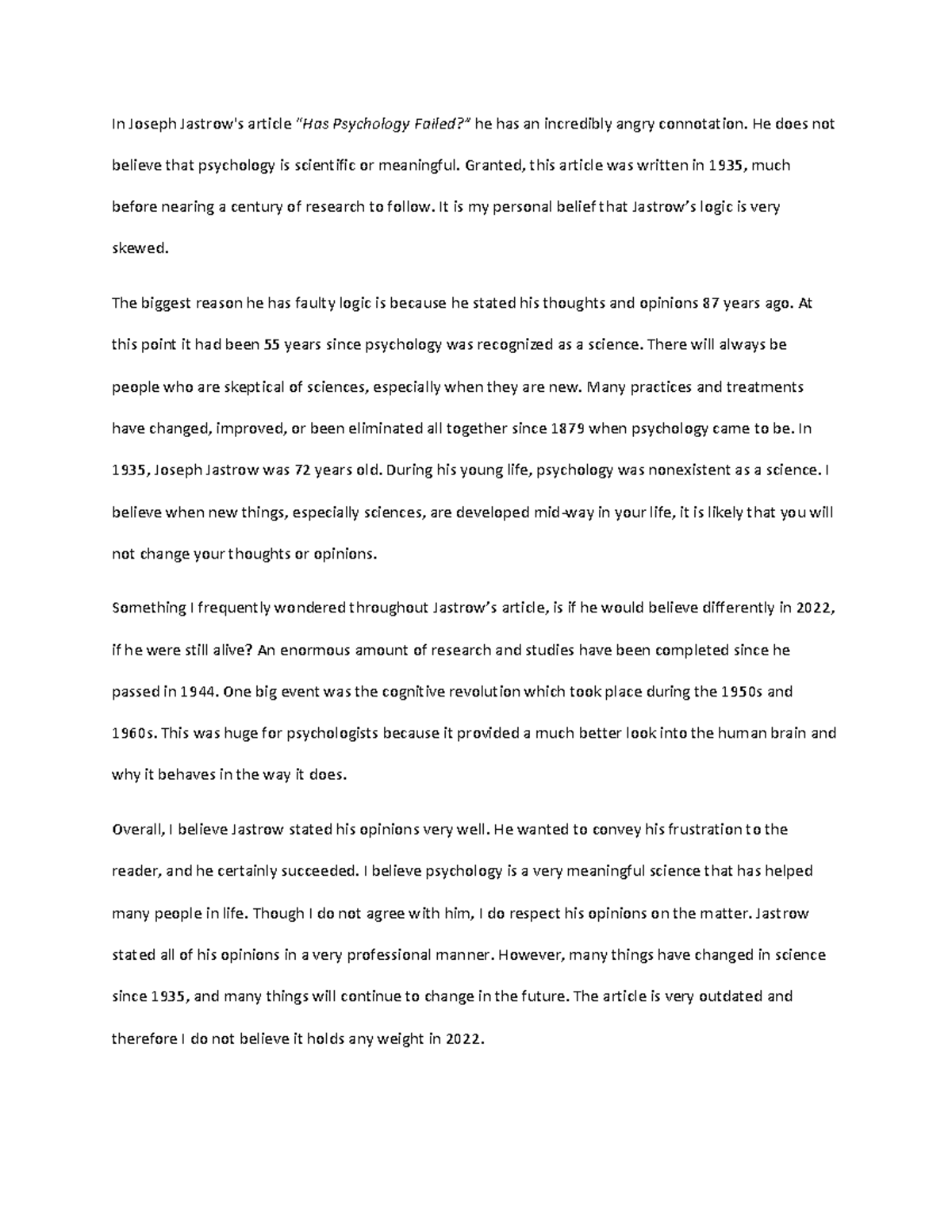 Annotaded Bibliography - In Joseph Jastrow's article “Has Psychology ...