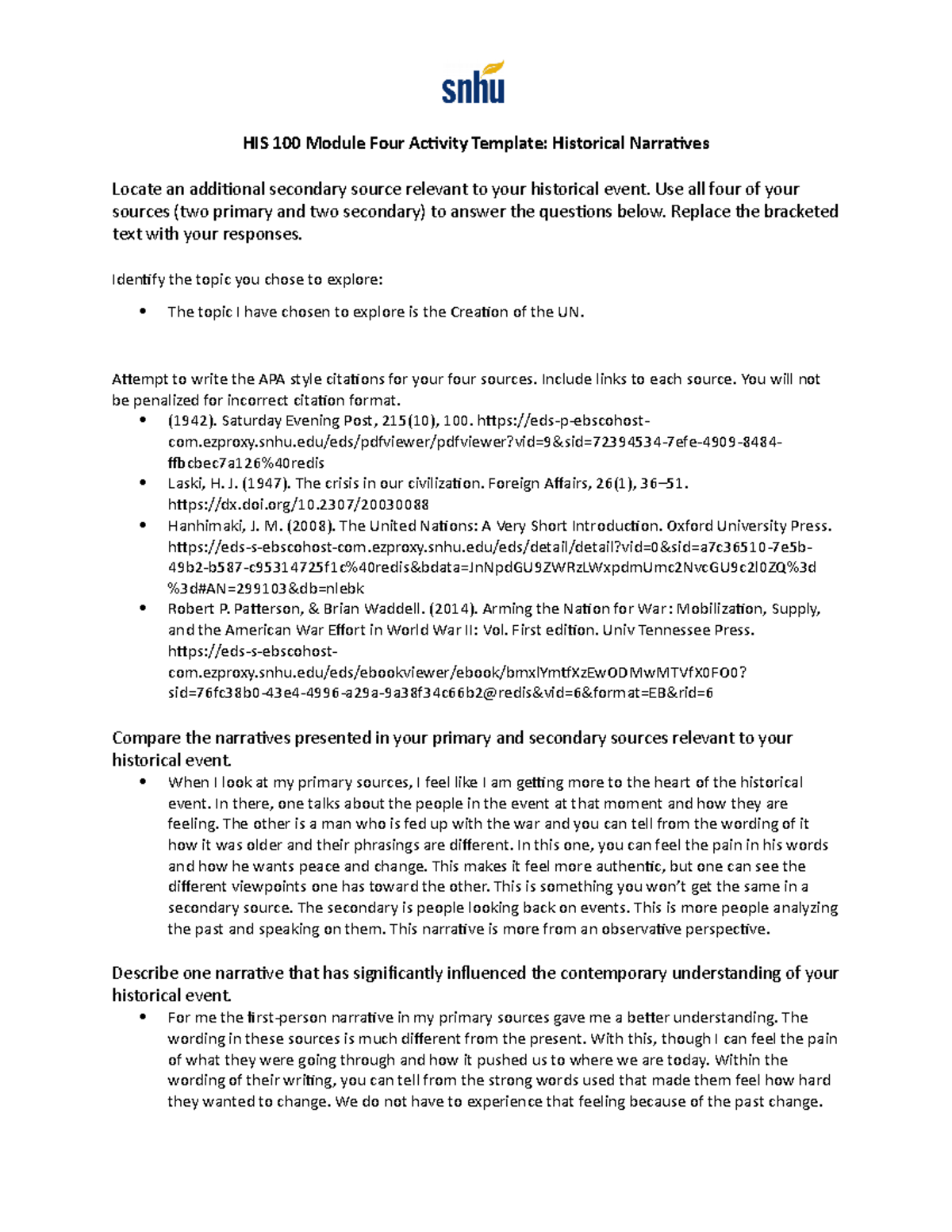 History module 4 narrative - HIS 100 Module Four Activity Template ...