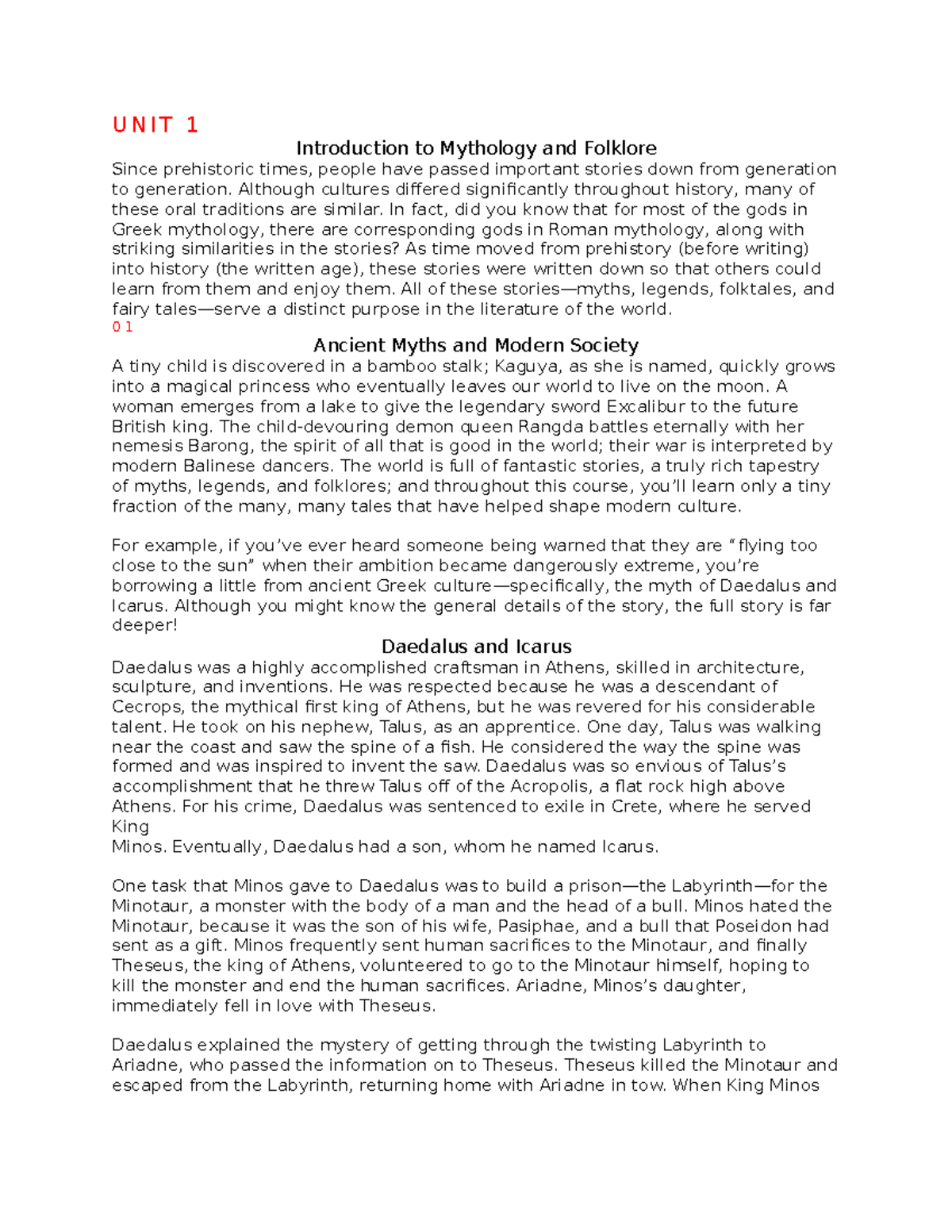 Mythology and Folklore Notes 1 - U N I T 1 Introduction to Mythology ...