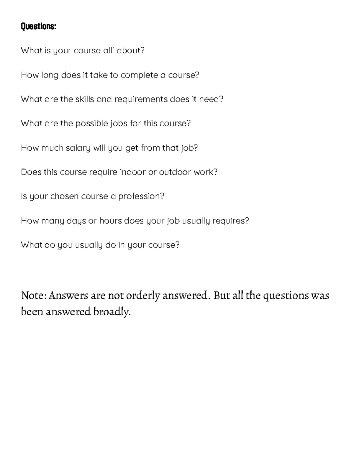 Research about Different Courses - Questions: What is your course all ...