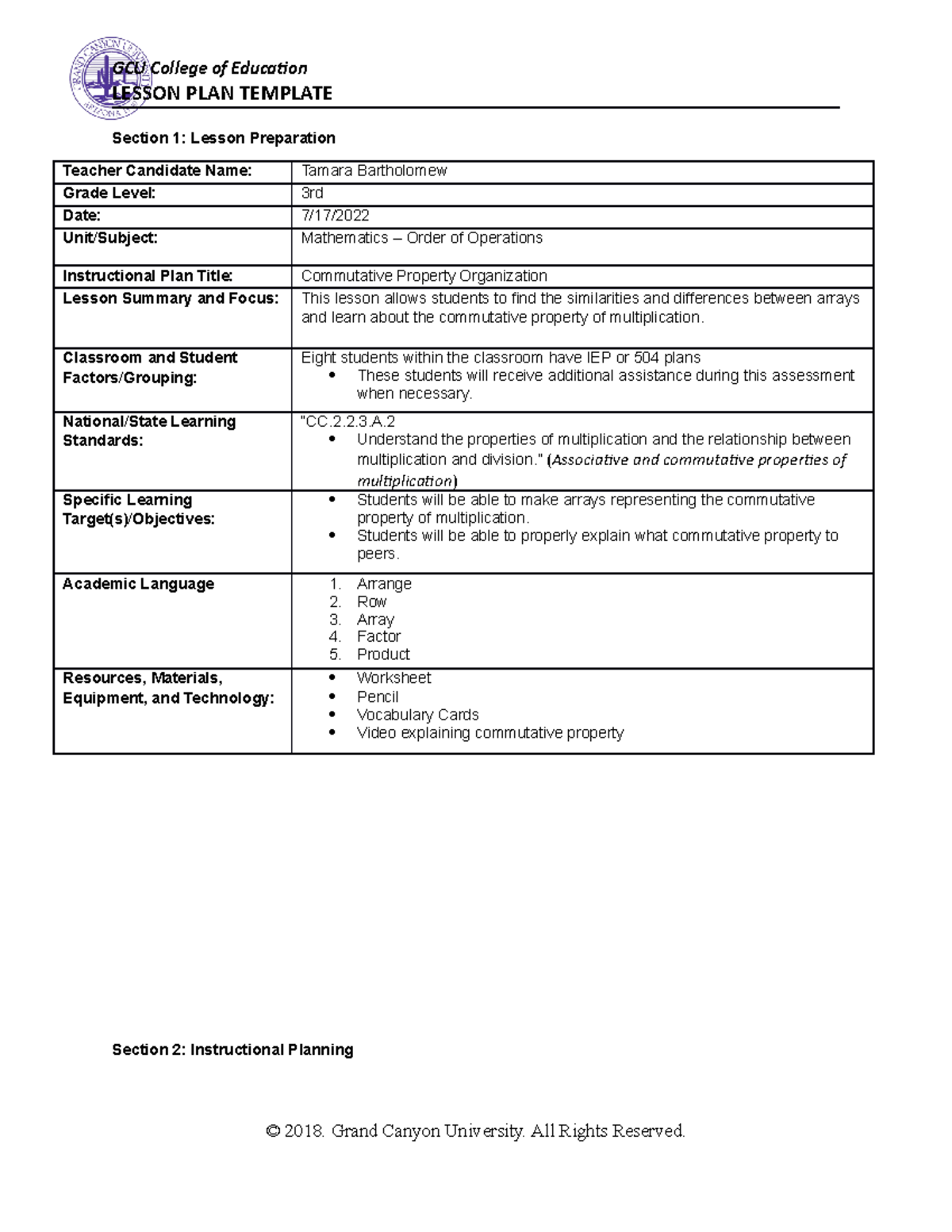 Operations and Algebraic Lesson Plan - LESSON PLAN TEMPLATE Section 1 ...