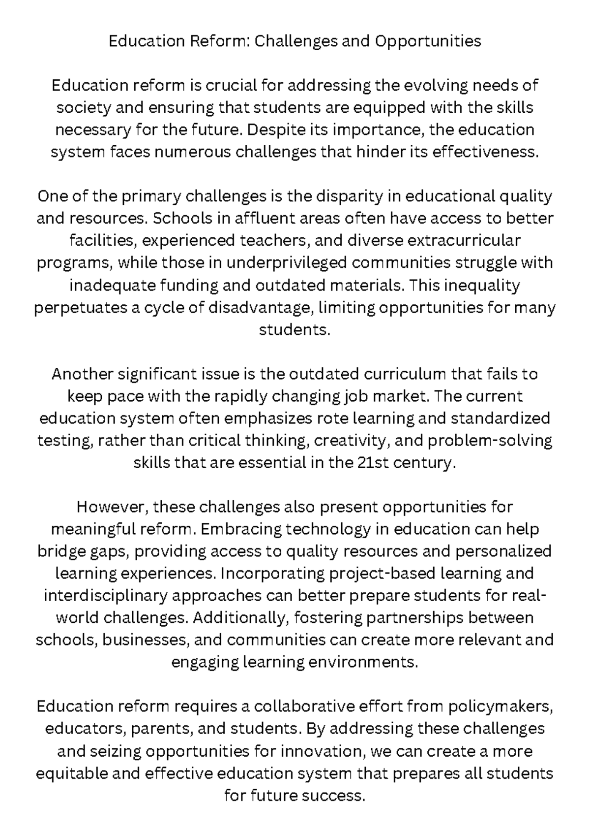 Add a little bit of body text - Education Reform: Challenges and ...
