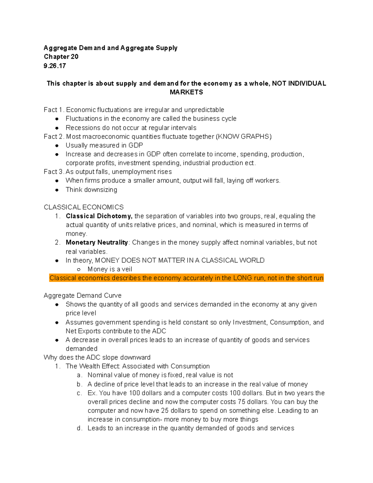 Chp 20 macro notes - Aggregate Demand and Aggregate Supply Chapter 20 9 ...
