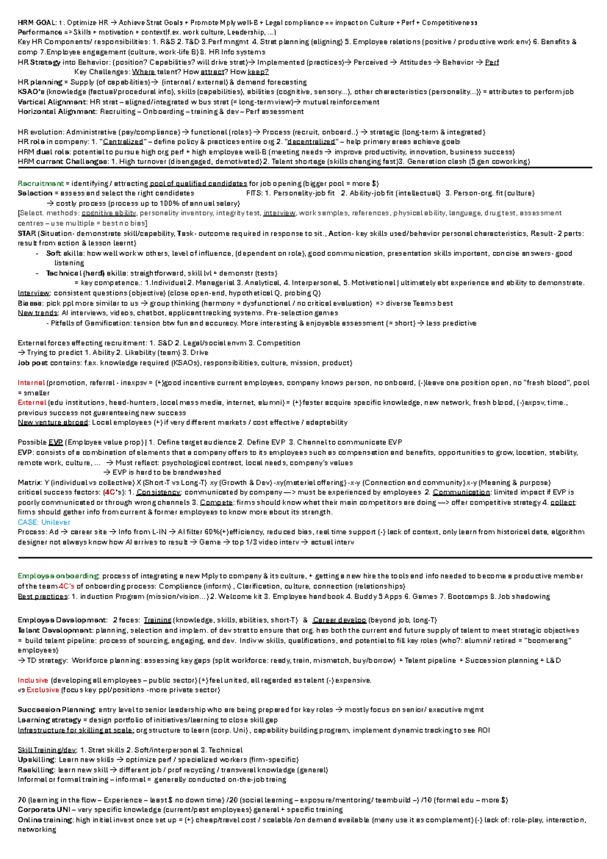 Final cheat sheet - HRM GOAL: 1. Optimize HR à Achieve Strat Goals ...