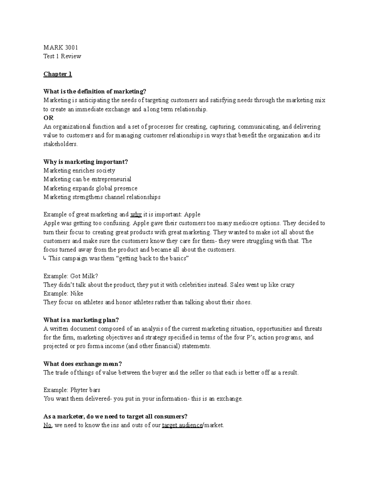 MARK Test 1 Review - MARK 3001 Test 1 Review Chapter 1 What is the ...