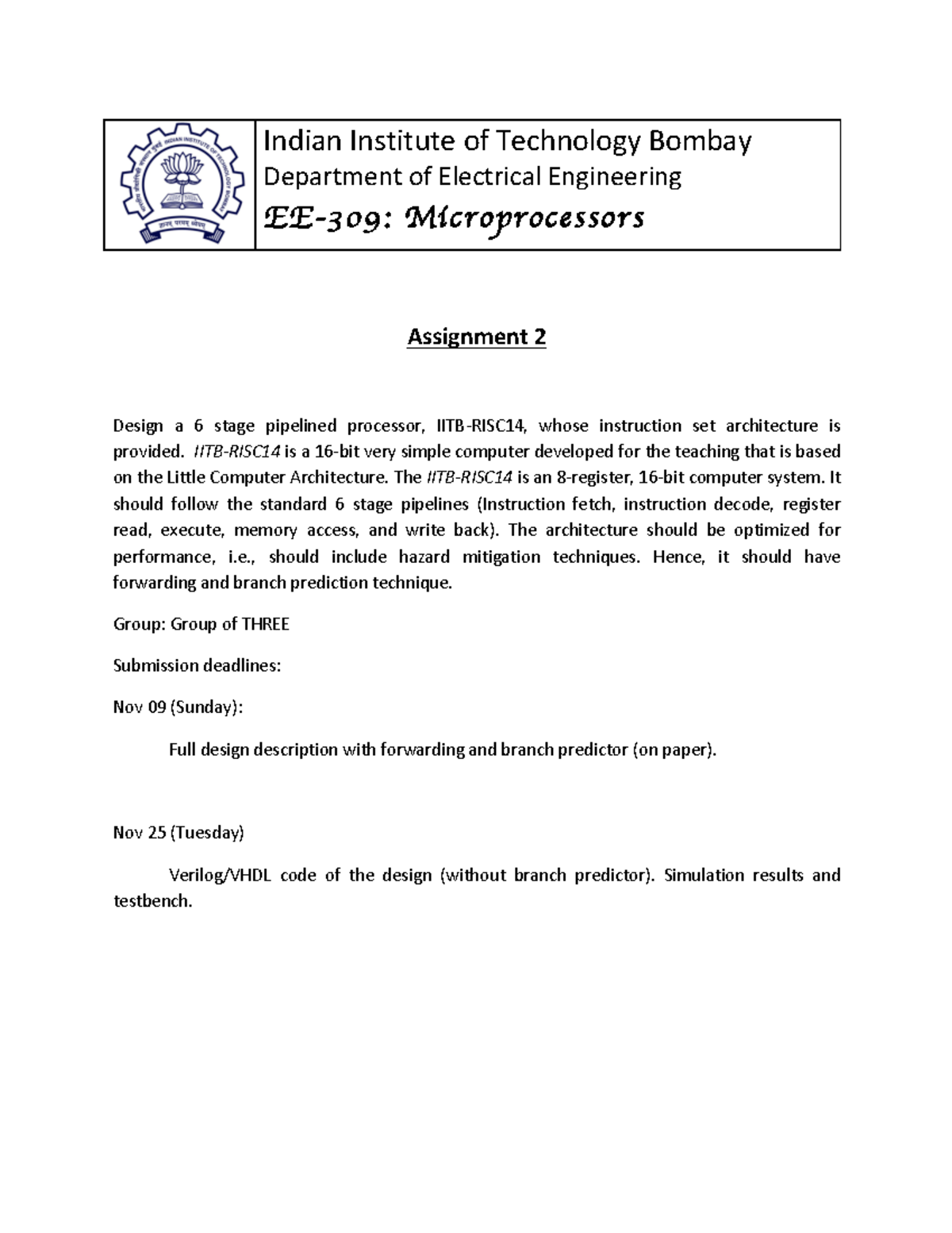 Assignment 2 pipelined risc iitb - Indian Institute of Technology ...