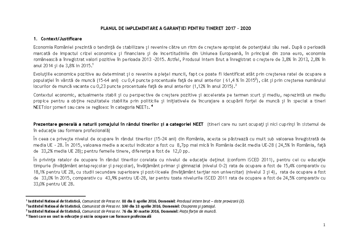 Plan implement Garantie pt tineret 2017-2020 - PLANUL DE IMPLEMENTARE A ...
