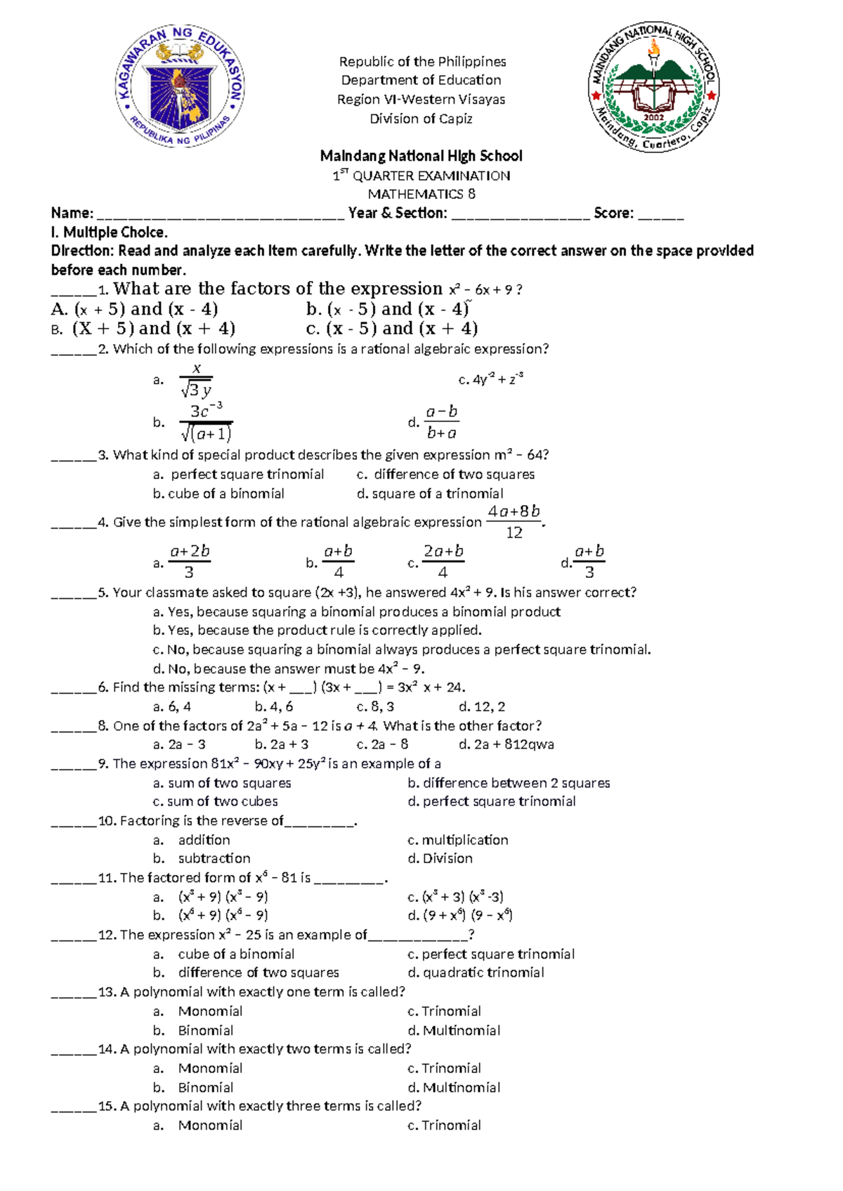 1ST Quarter EXAM - Republic of the Philippines Department of Education ...