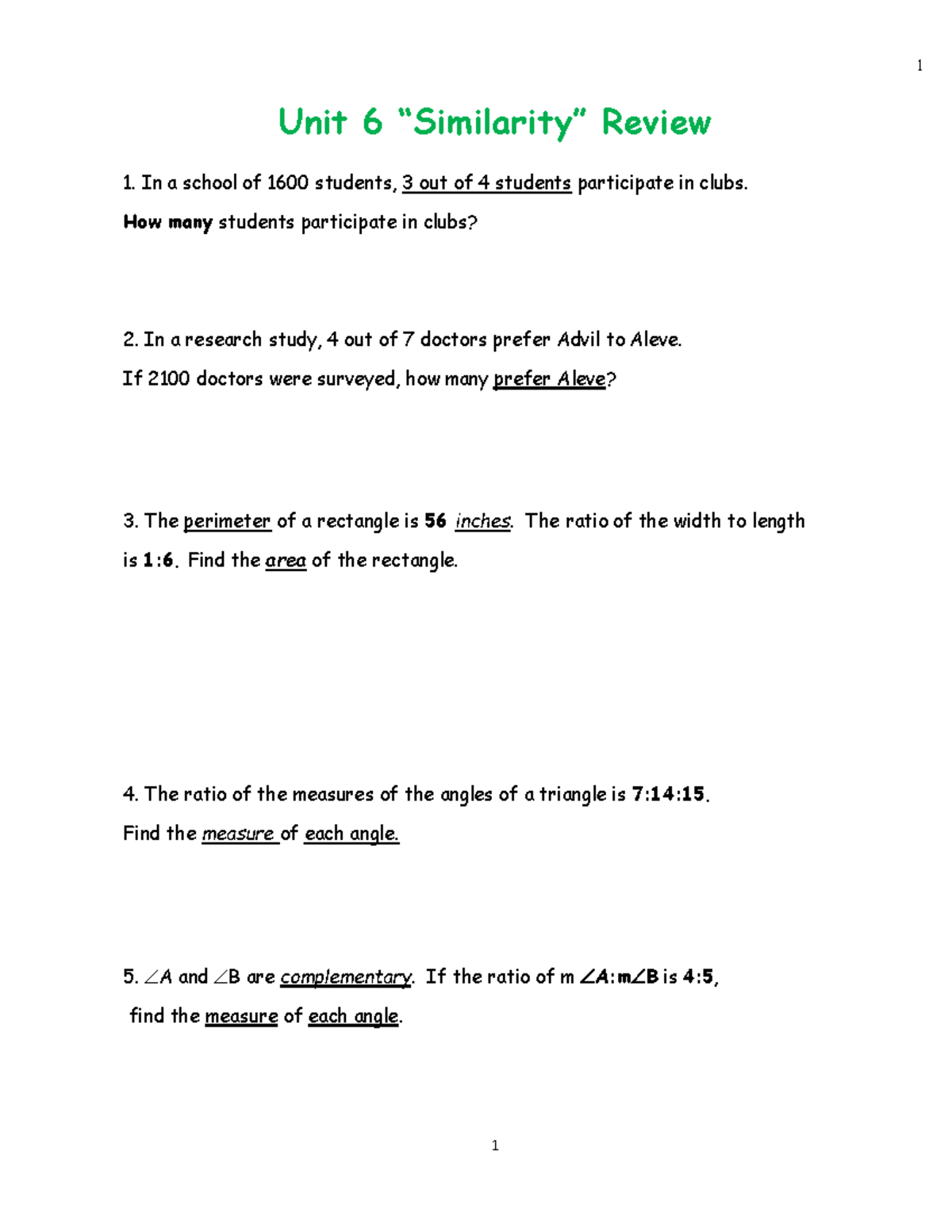 Similarity Review - 1 1 Unit 6 “Similarity” Review In a school of 1600 ...