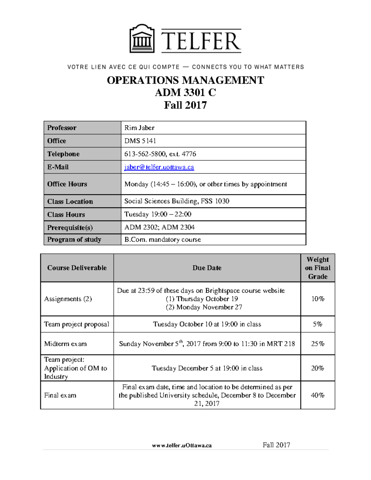 1. ADM3301 C Fall 2017 Outline - OPERATIONS MANAGEMENT ADM 3301 C Fall ...