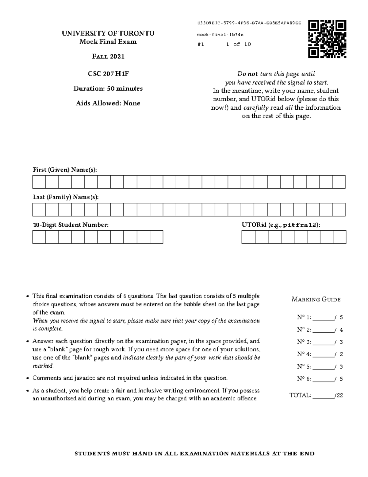 Mock Exam - Mock Exam - UNIVERSITY OF TORONTO Mock Final Exam F￿￿￿ 2021 ...