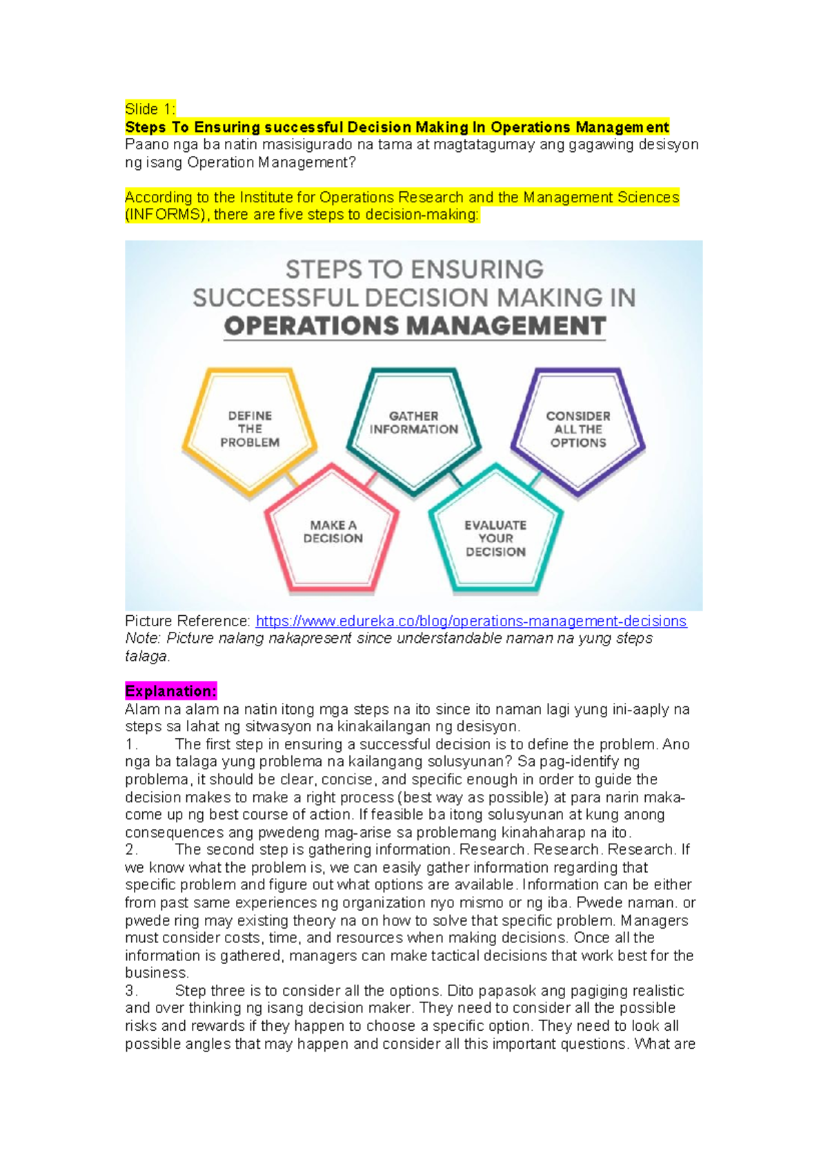 OM Report Script - Slide 1: Steps To Ensuring successful Decision Making In Operations ...