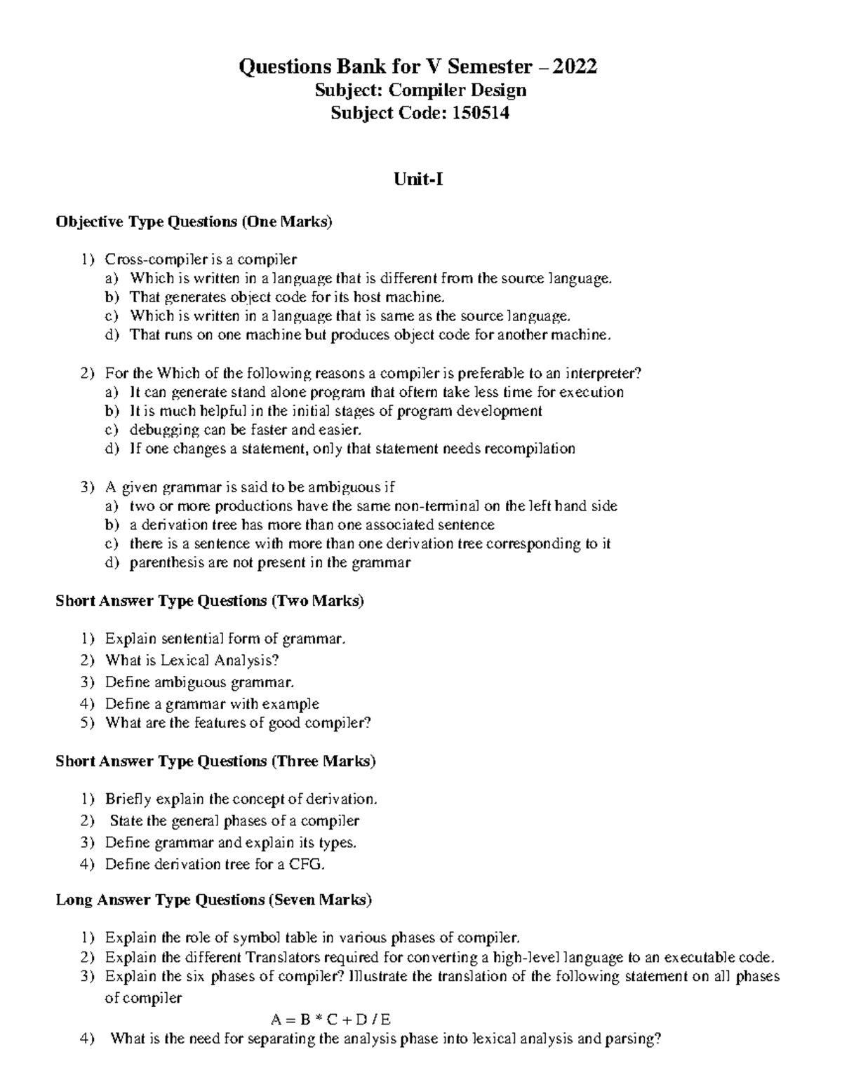 150514 Compiler Question Bank Questions Bank For V Semester 2022