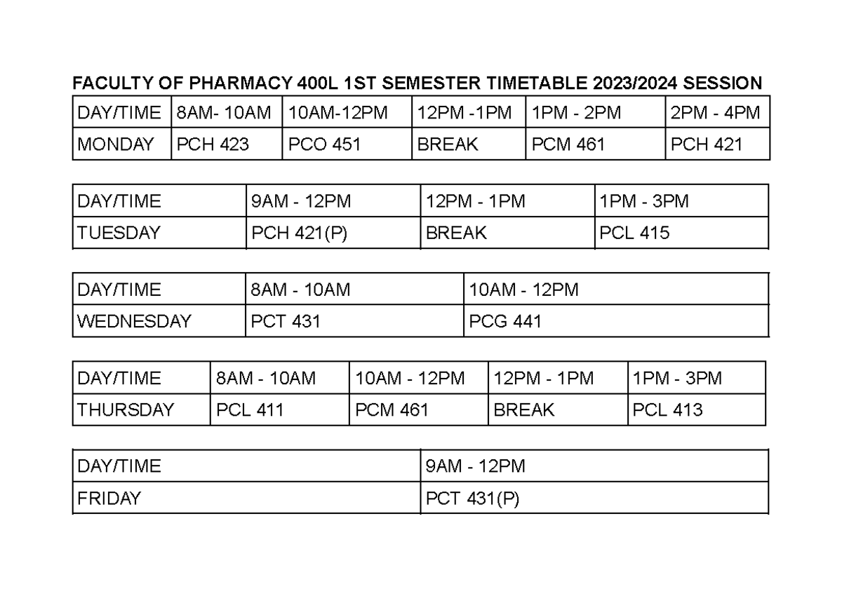 400L 1ST Semester Lecture Timetable Faculty OF Pharmacy - Physiology ...