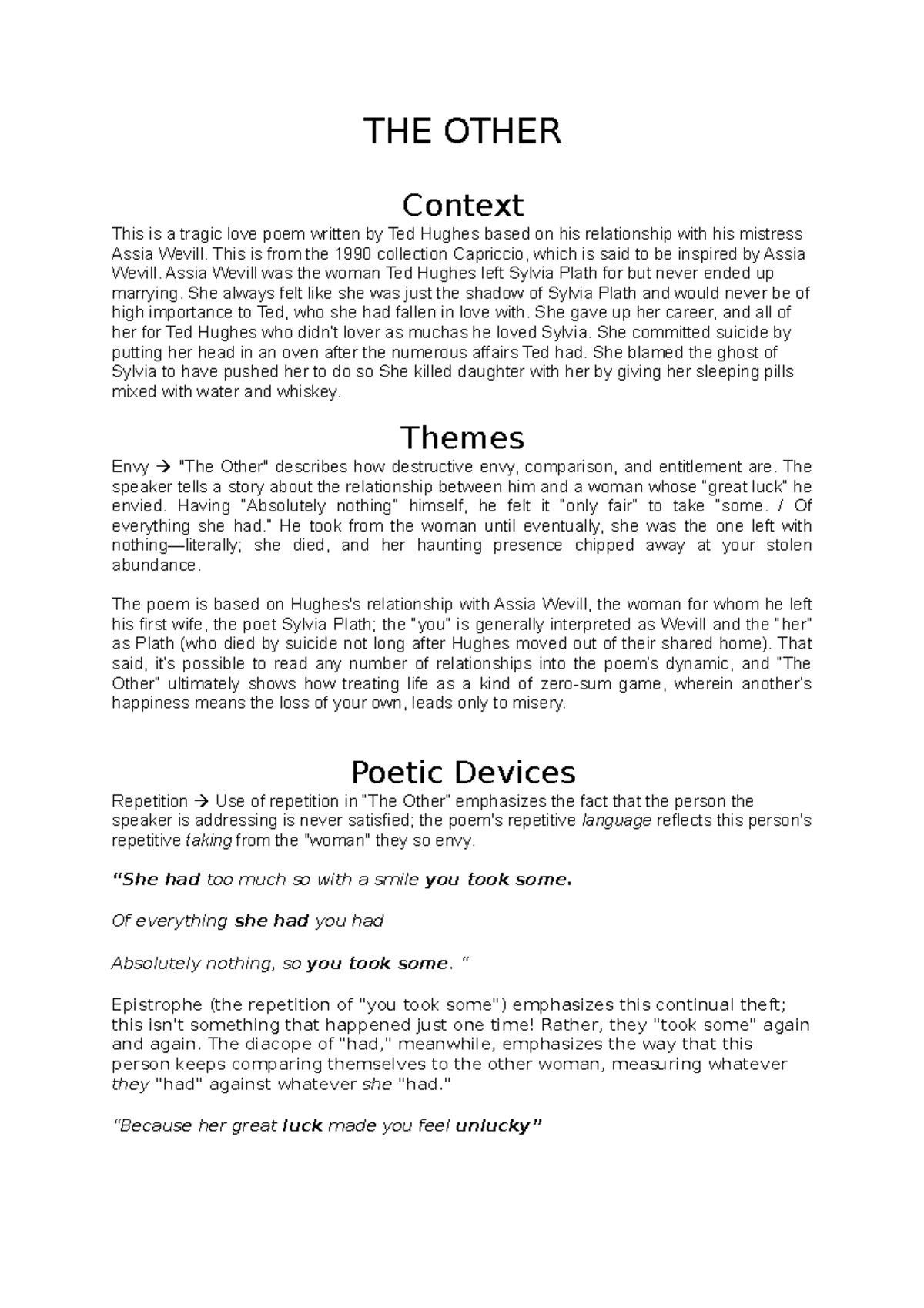 THE Other - this is a poem by ted hughes - THE OTHER Context This is a ...
