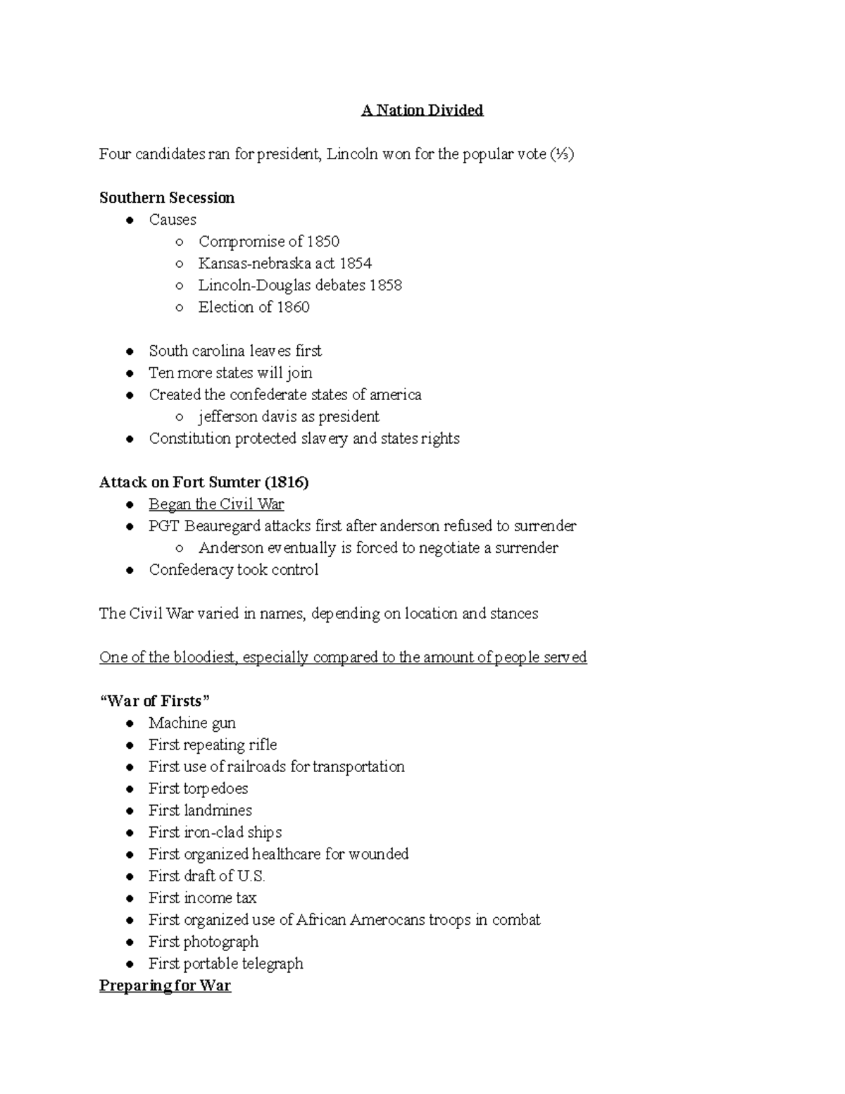 History Intro to the Civil War Notes - A Nation Divided Four candidates ...