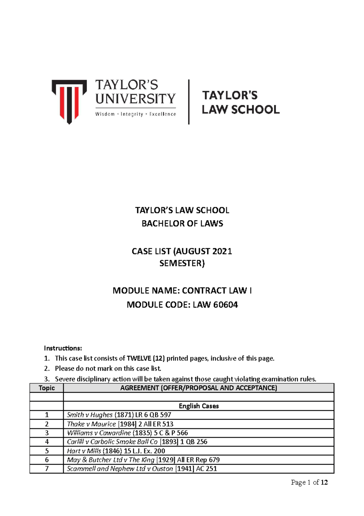 Contract I Case List - TAYLOR’S LAW SCHOOL BACHELOR OF LAWS CASE LIST ...