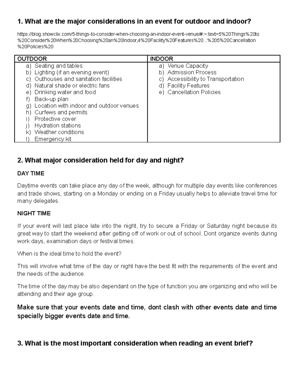 Q and A EVM Tesda - 1. What are the major considerations in an event ...