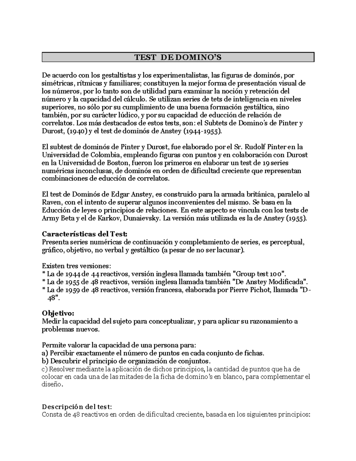 Test de domino - Test de prueba intelectual basado en el método de ...