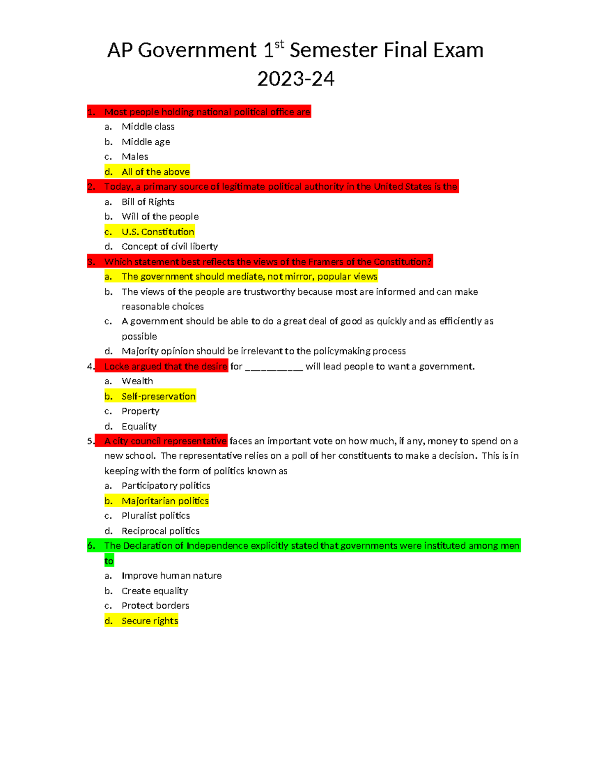 1st semester 23-24 final exam key - AP Government 1 Semester Final Exam ...