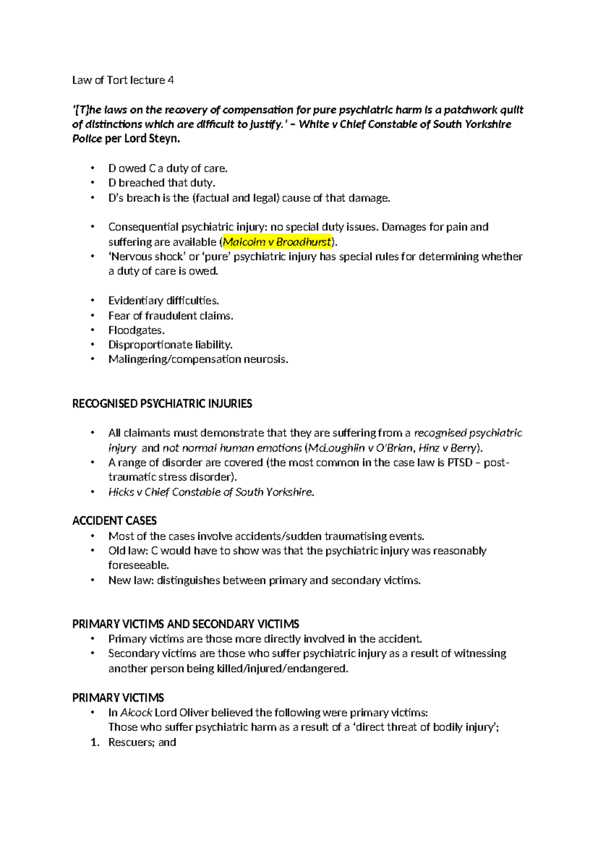 Law of Tort lecture 4 - ’ – White v Chief Constable of South Yorkshire ...