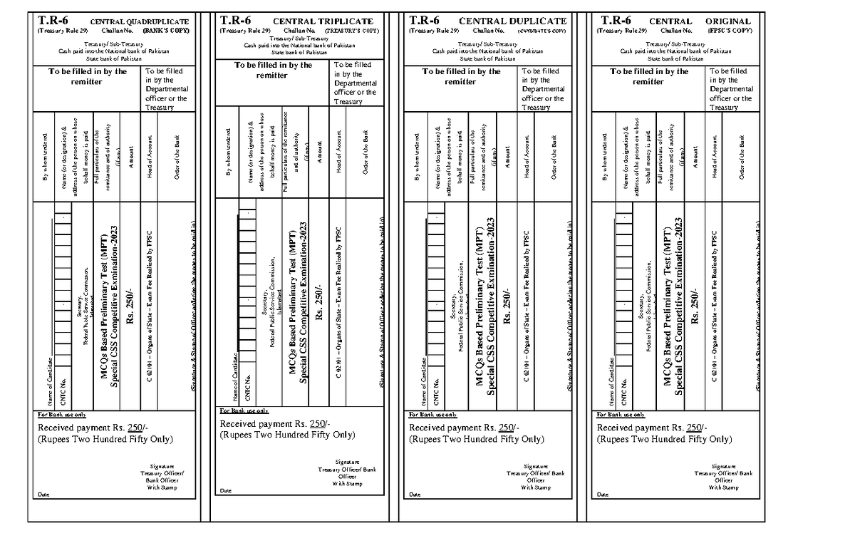 Special CE 2023 Challan form MPT - T- 6 CENTRAL QUADRUPLICATE (Treasury ...
