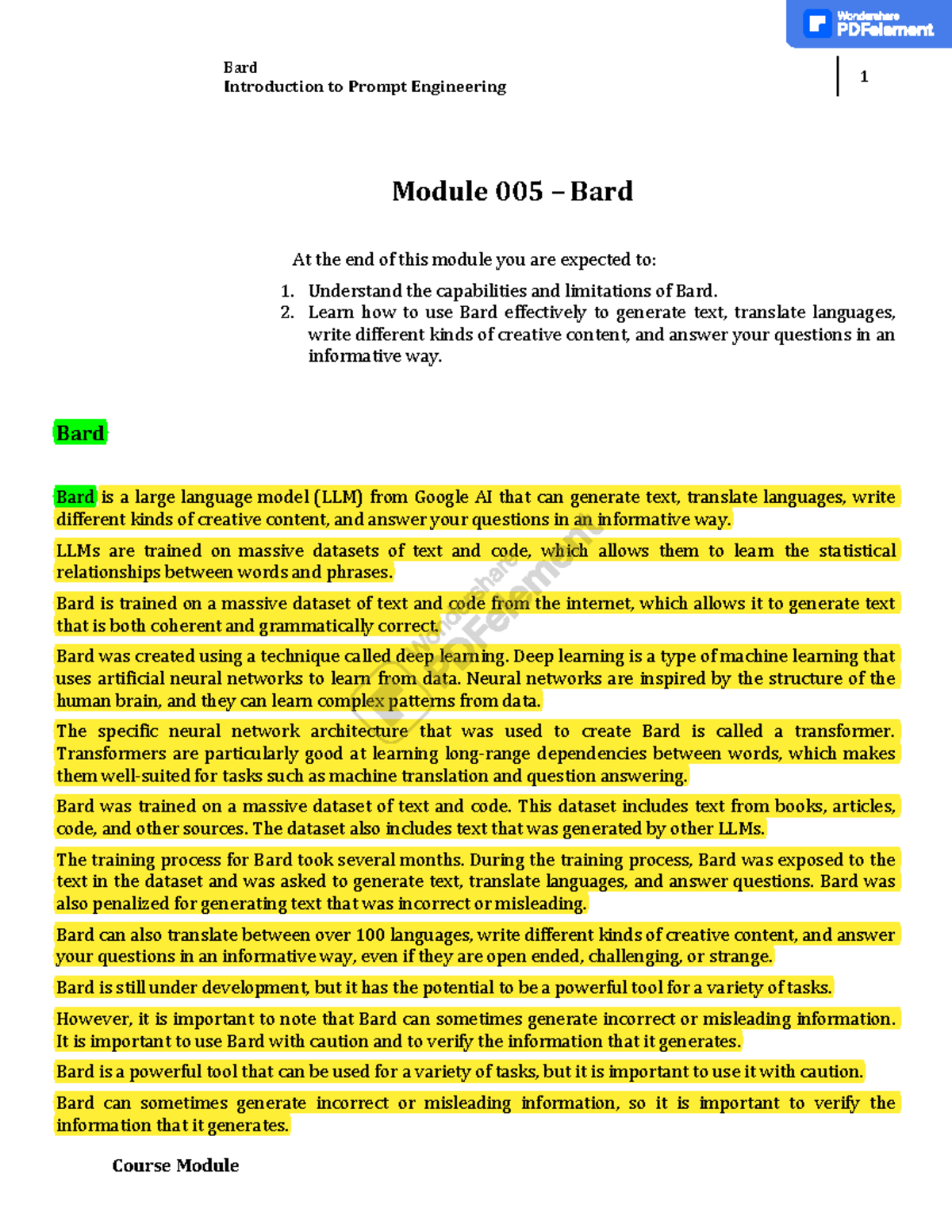 Prompt Engr - Module 5 - Introduction to Prompt Engineering 1 Module 005 – Bard At the end of ...