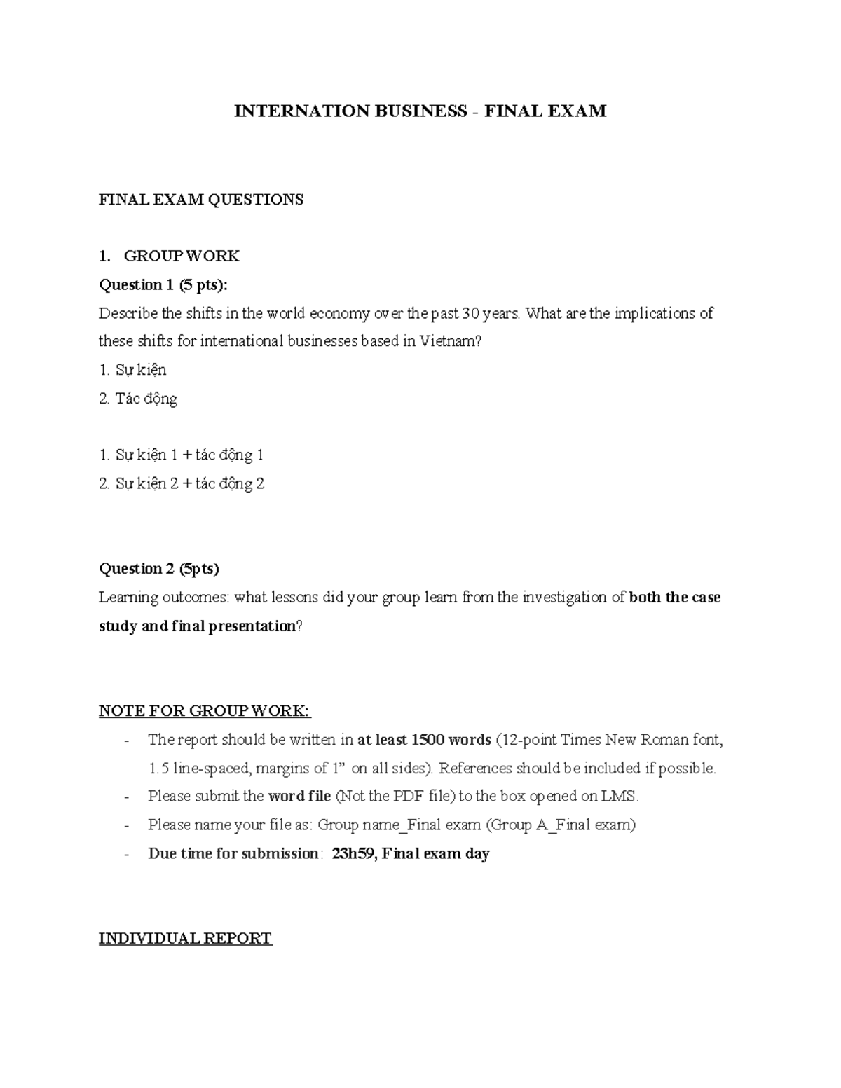 IB-Final exam-2023 - Đề tham khảo cho kỳ thi cuối kỳ môn học Kinh doanh ...