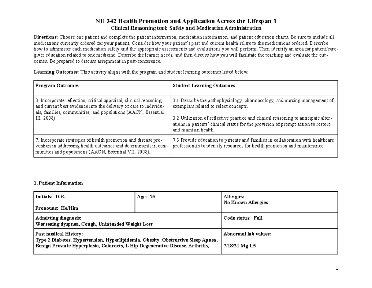 NU 342 Clinical Reasoning Tool Medication Safety - Clinical Reasoning ...
