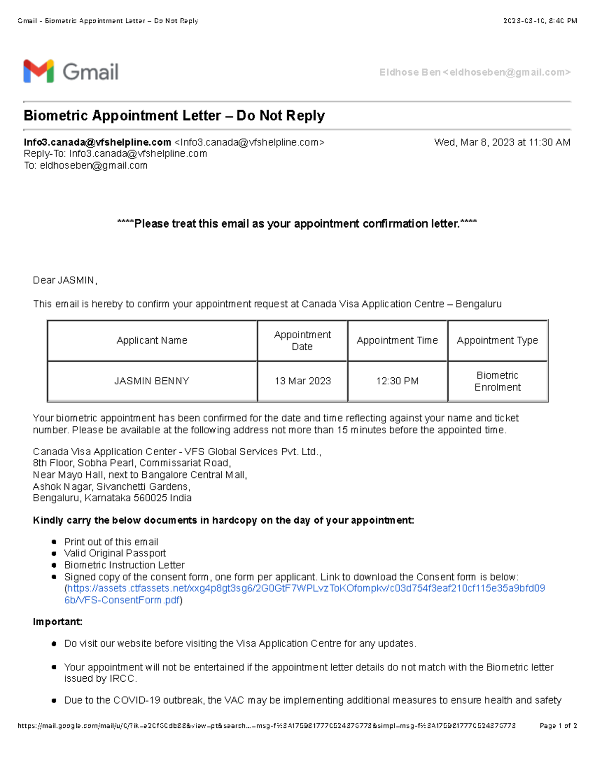 Gmail - Biometric Appointment Letter – Do Not Reply - - Studocu