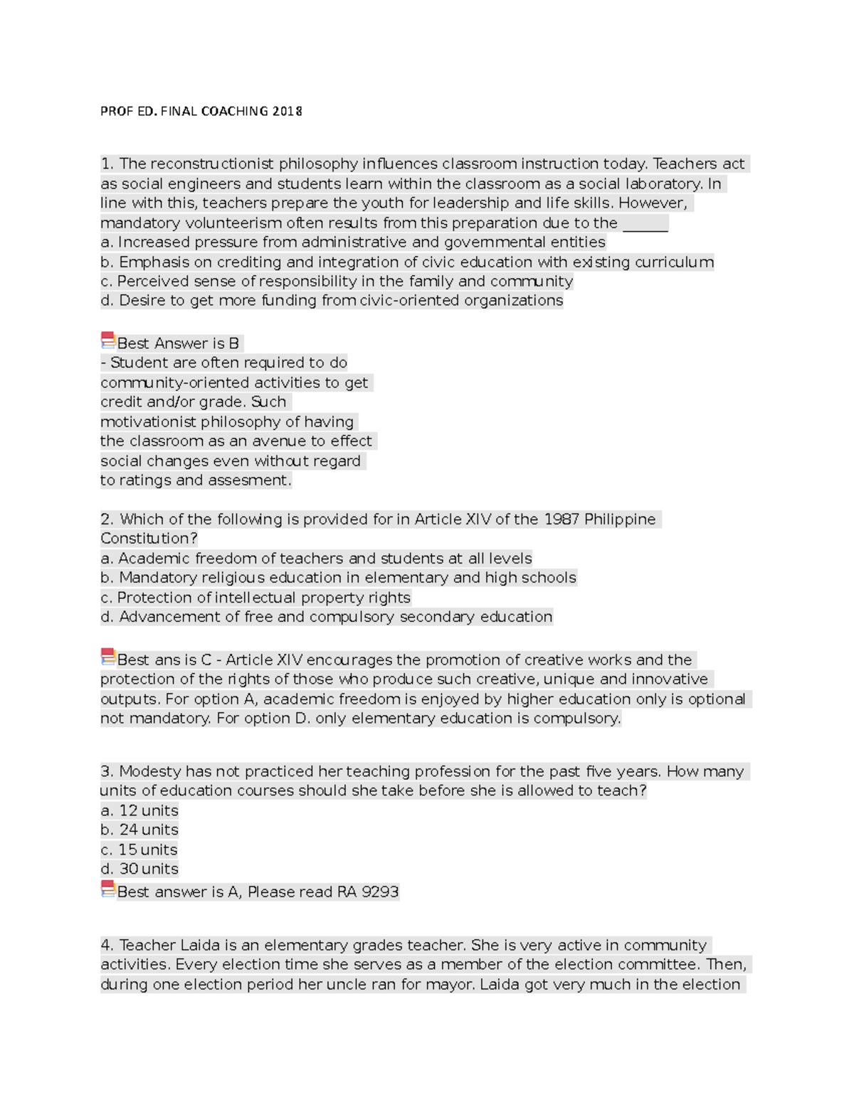 PROF-ED final coaching - PROF ED. FINAL COACHING 2018 The reconstructionist philosophy ...