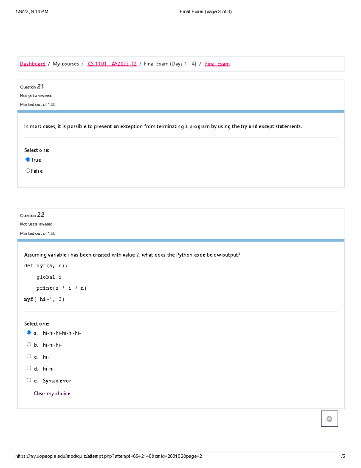CS 1101 Final Exam (page 3 of 3) - Question 21 Not yet answered Marked ...