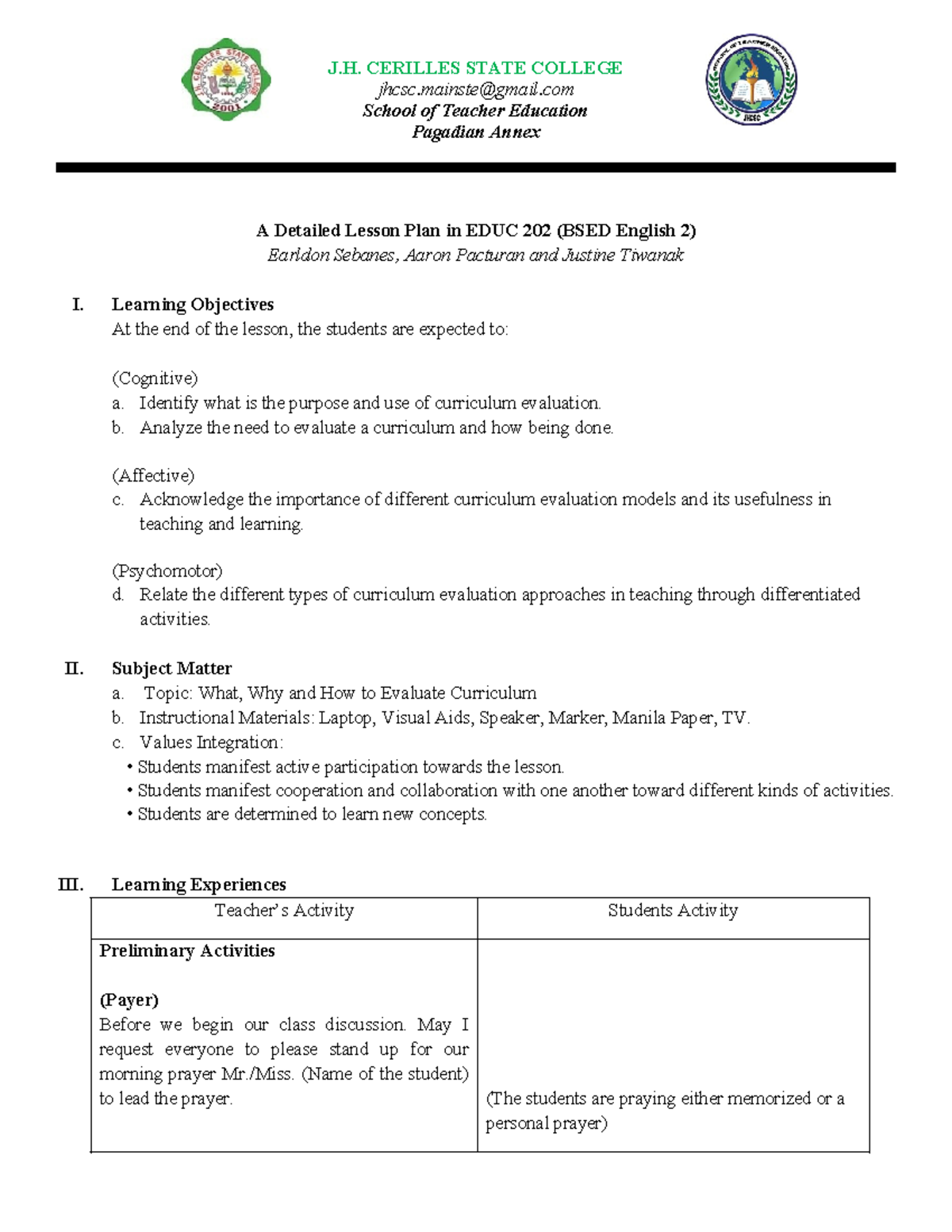 Lesson plan template Earldon Sebanes - J. CERILLES STATE COLLEGE jhcsc ...