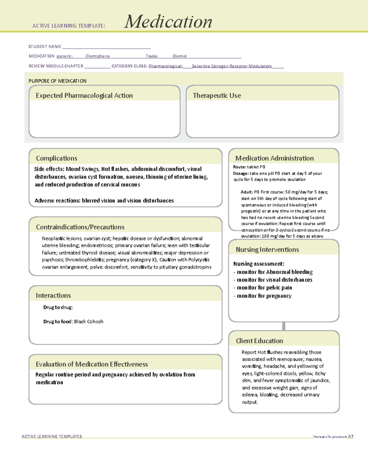 Clomiphene medication card - STUDENT NAME ...