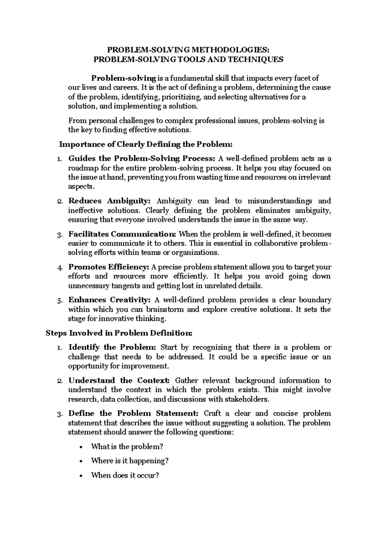 Problem- Solving- Methodologies- Tools-AND- Techniques- Mosteiro- Pacho - PROBLEM-SOLVING - Studocu