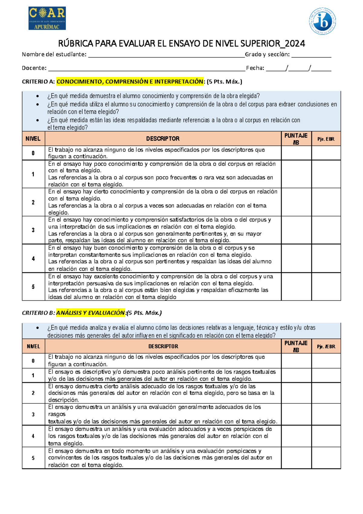 Rúbrica PARA Evaluar EL Ensayo NS - RÚBRICA PARA EVALUAR EL ENSAYO DE ...