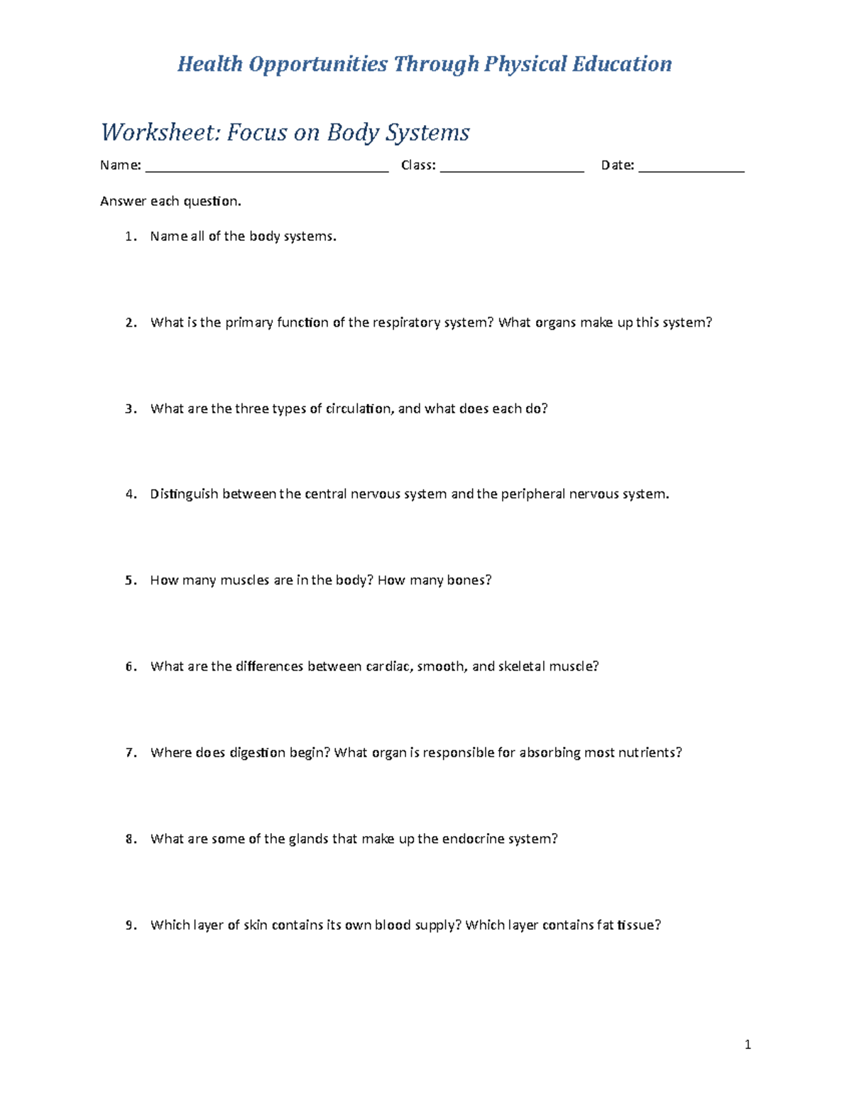 Worksheet Focus on Body Systems - Health Opportunities Through Physical ...