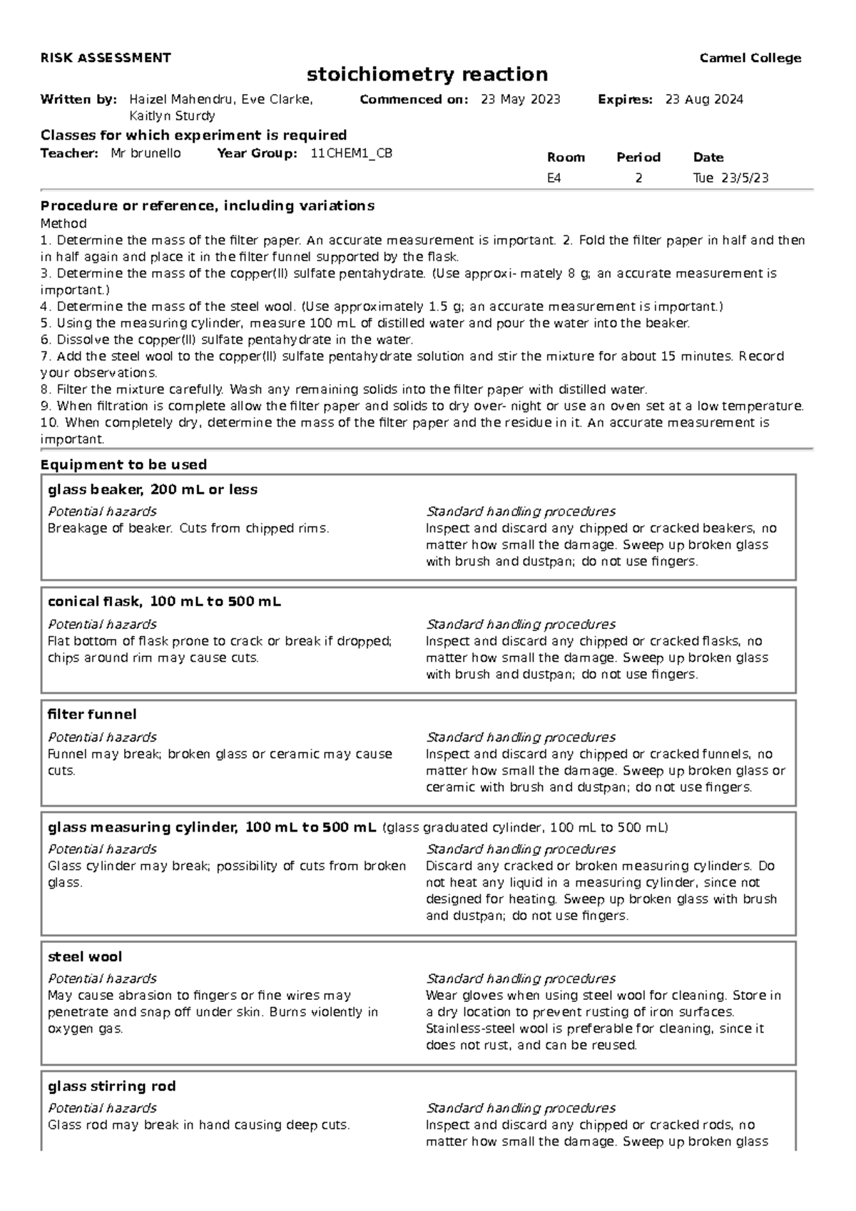 Stoichiometry-reaction- final - glass beaker, 200 mL or less Potential ...