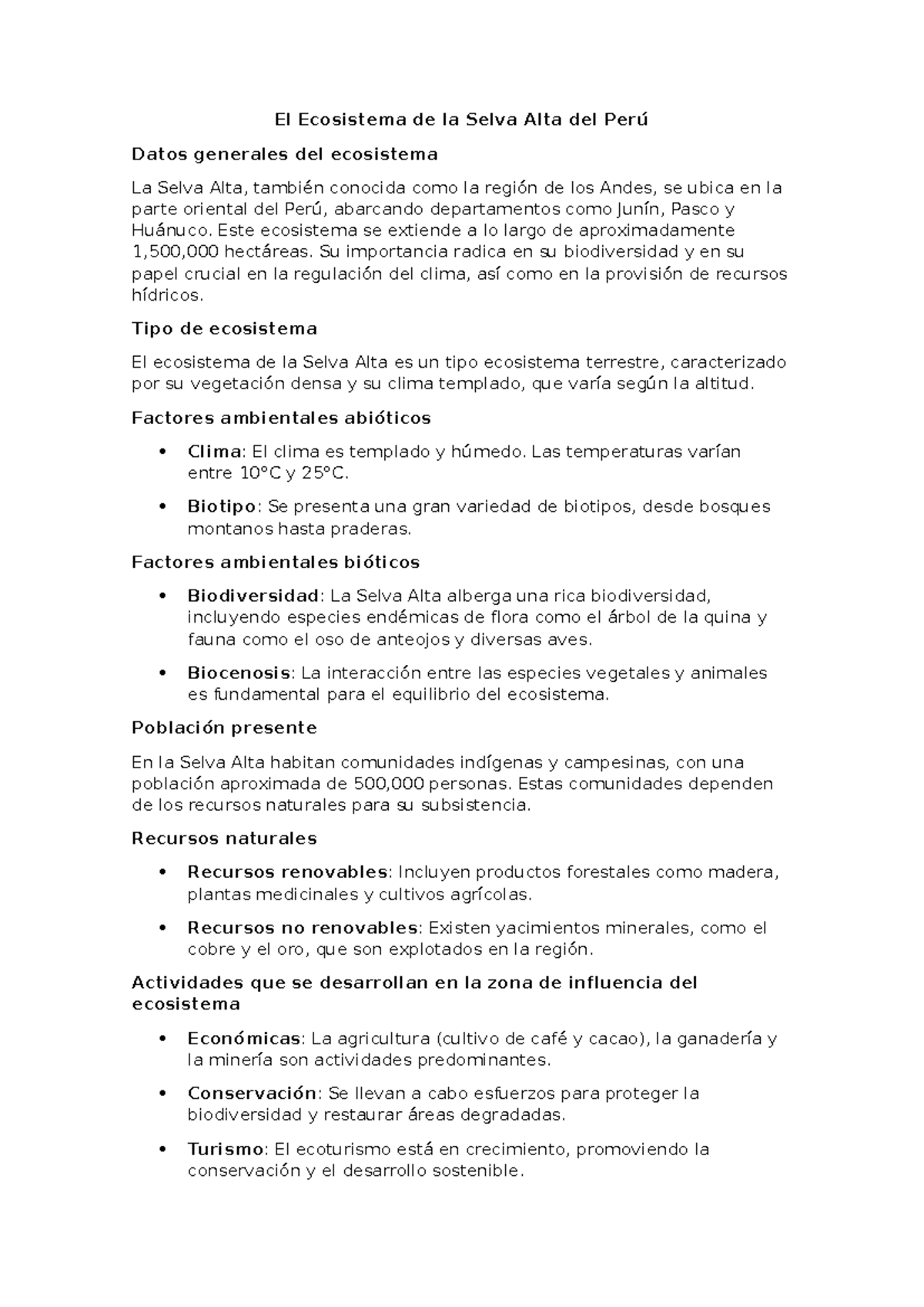 El Ecosistema de la Selva Alta del Perú - Este ecosistema se extiende a ...