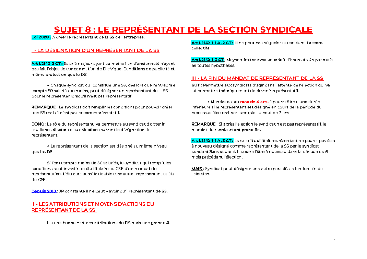 Sujet 8 LE Représentant DE LA Section Syndicale - SUJET 8 : LE ...