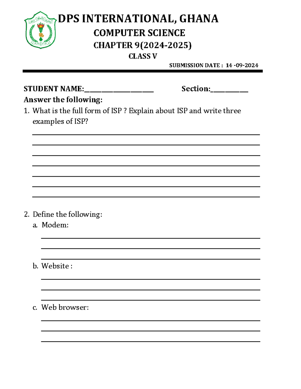 Chapter 9 Worksheet 1 - DPS INTERNATIONAL, GHANA COMPUTER SCIENCE ...