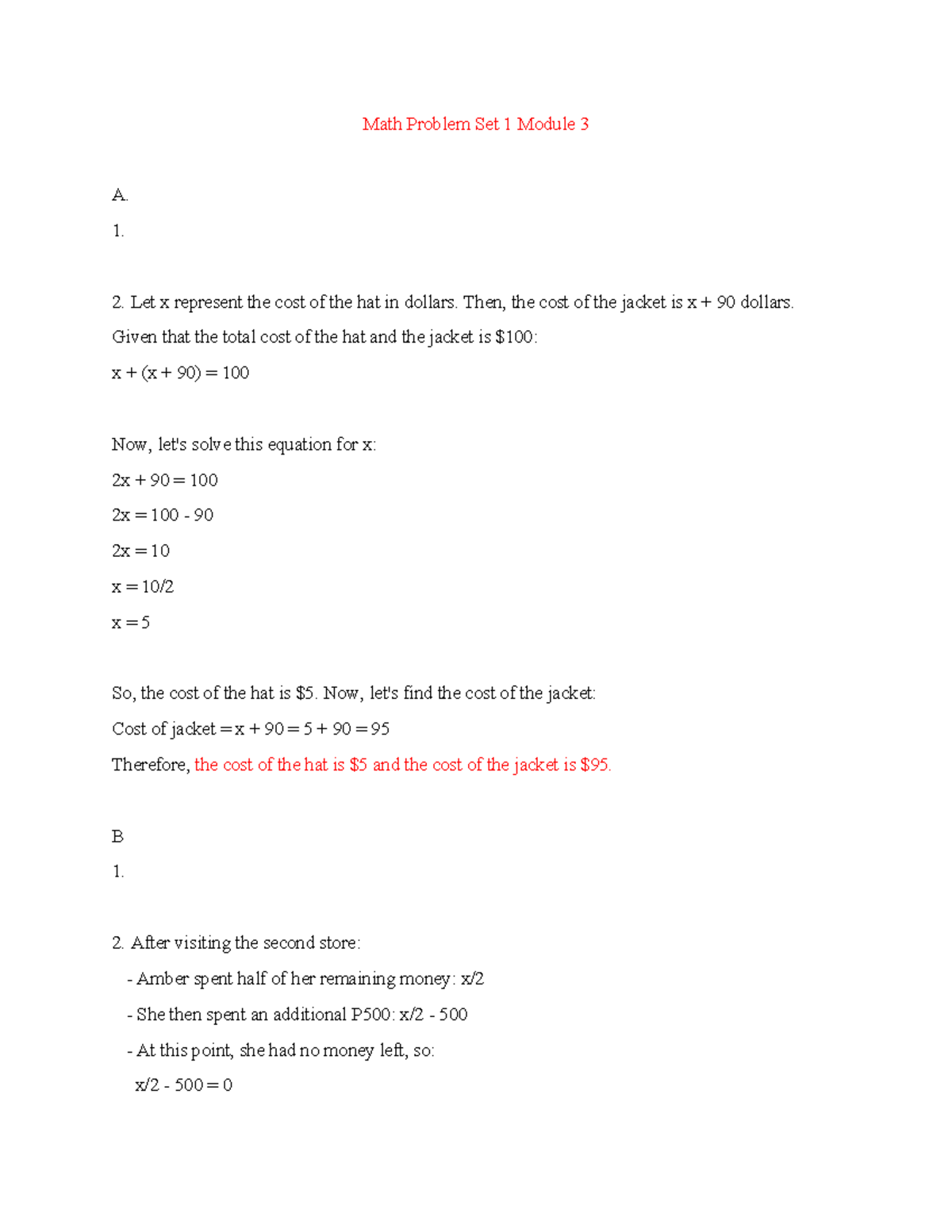 Math - fOR MATh - Math Problem Set 1 Module 3 A. 1. 2. Let x represent ...