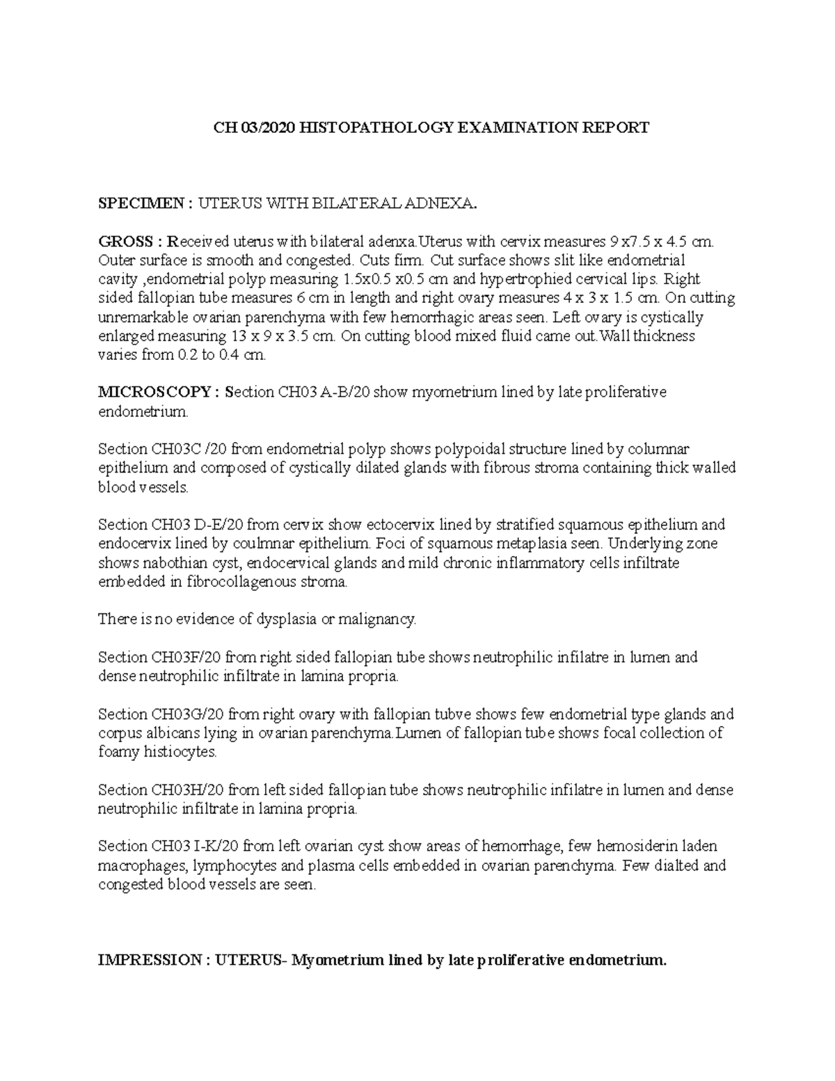 Histo Report - CH 03/2020 HISTOPATHOLOGY EXAMINATION REPORT SPECIMEN ...