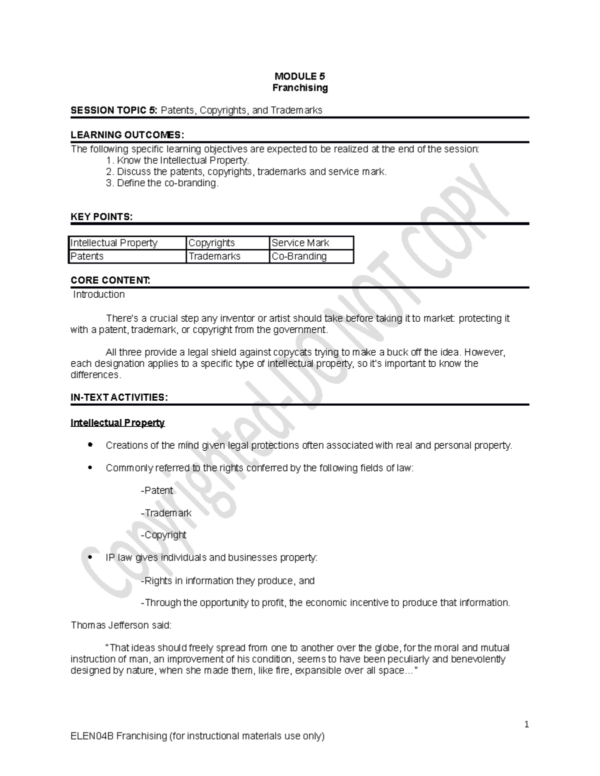 Module 5 ELEN04B - CBA - MODULE 5 Franchising SESSION TOPIC 5: Patents ...