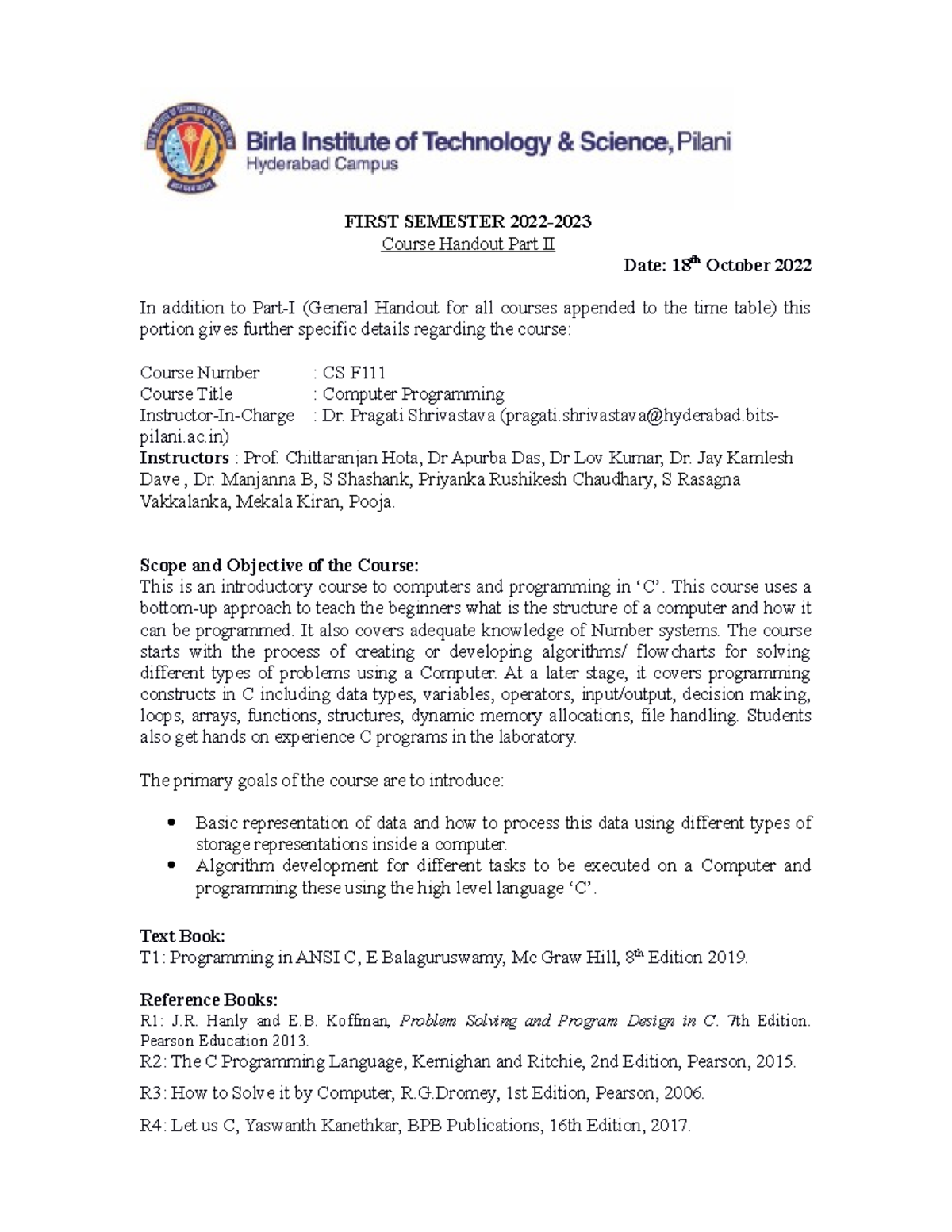 Cs F111 Computer Programming Handout First Semester 202 2 202 3 Course Handout Part Ii Date 