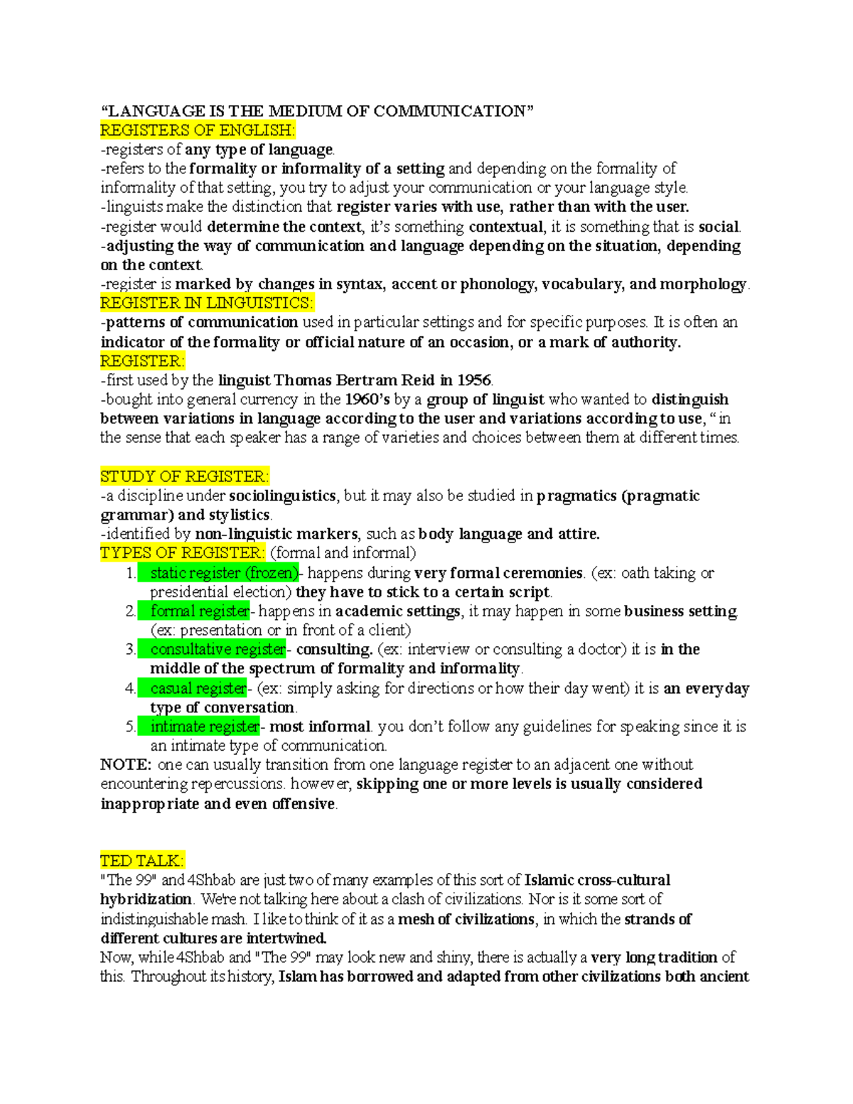 Pcomm Register Notes - “LANGUAGE IS THE MEDIUM OF COMMUNICATION ...