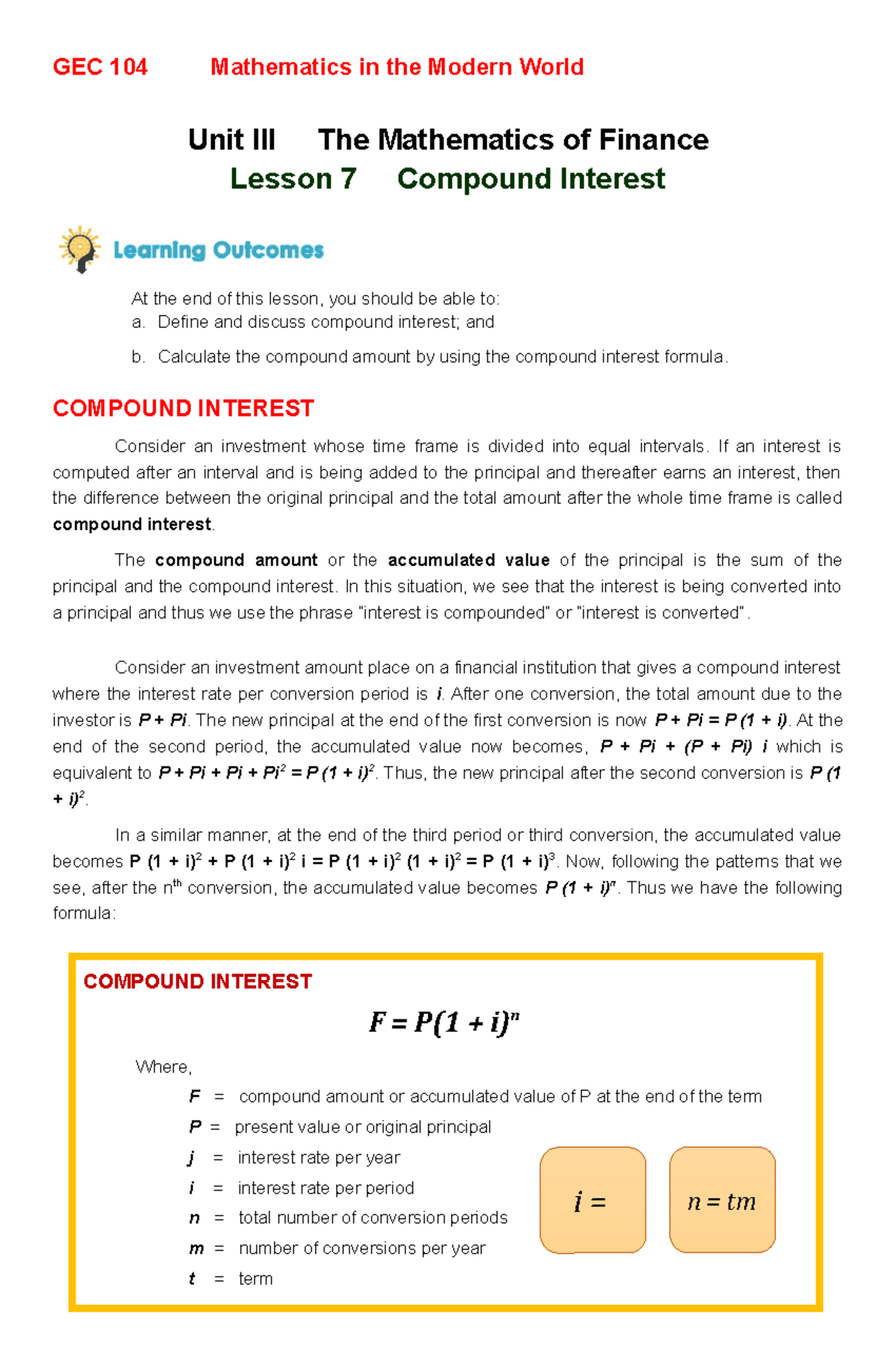 GEC 104 Week 14 - Compound Interest - GEC 104 Mathematics in the Modern ...