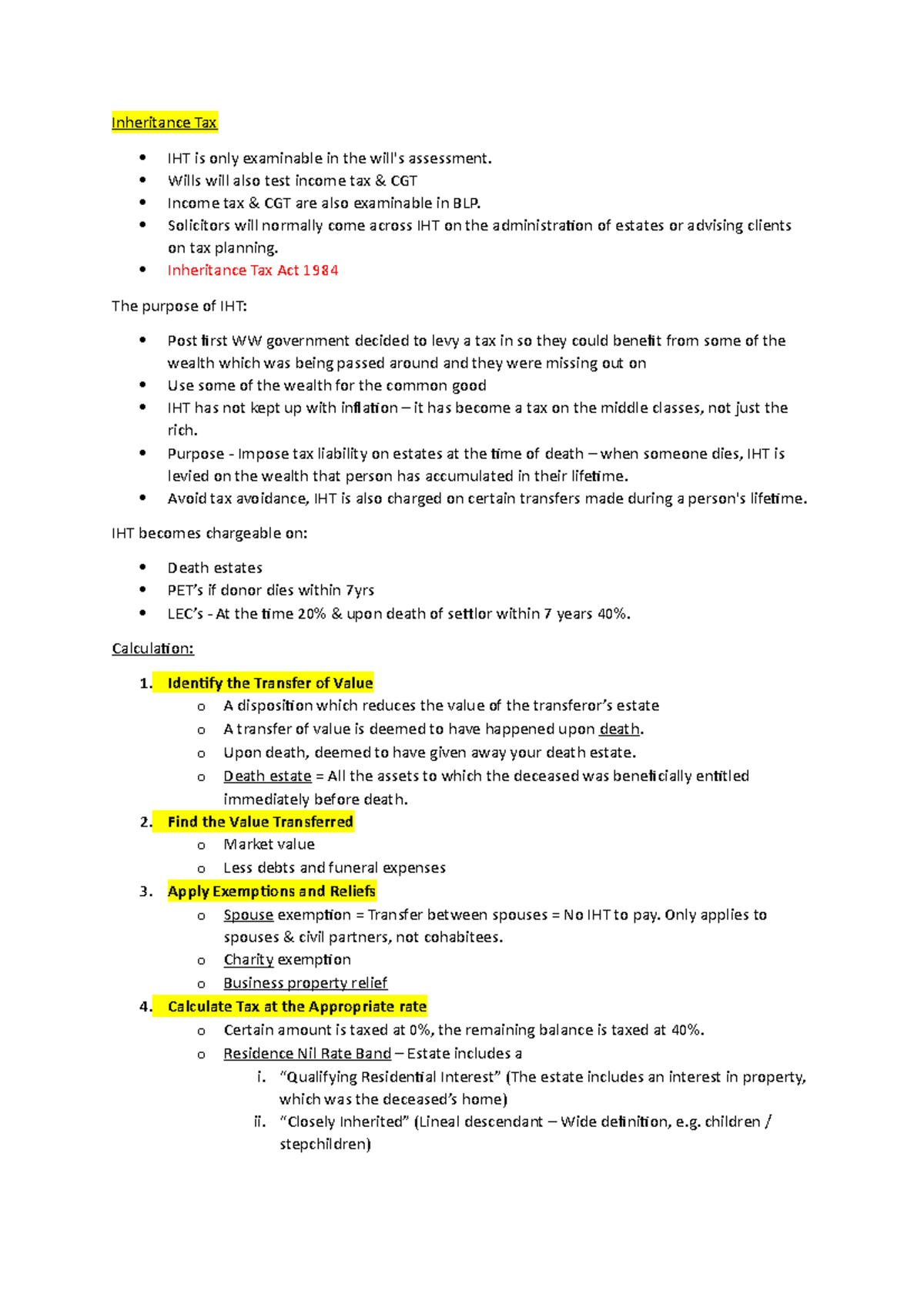 Inheritance Tax - Lecture notes 1 - Inheritance Tax IHT is only ...