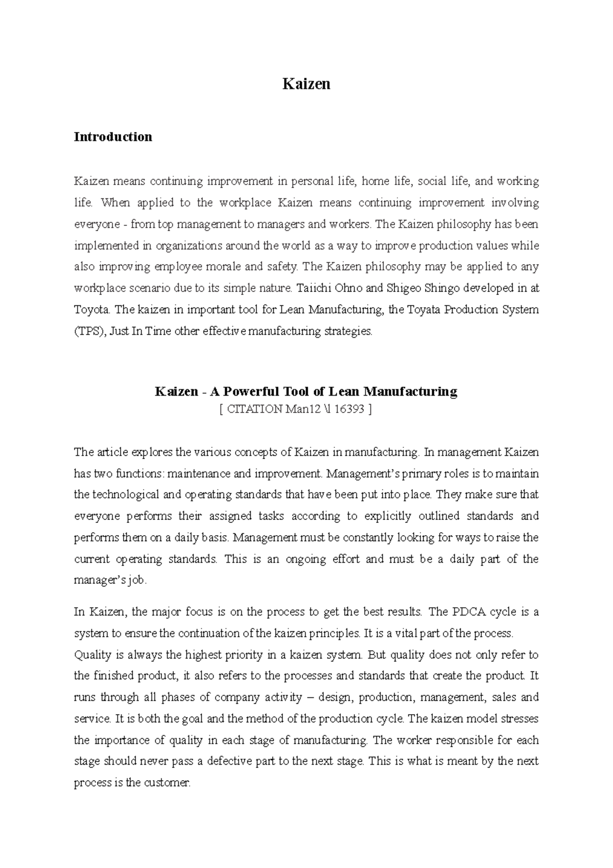 Kaizen Lit Review - Kaizen Introduction Kaizen means continuing ...